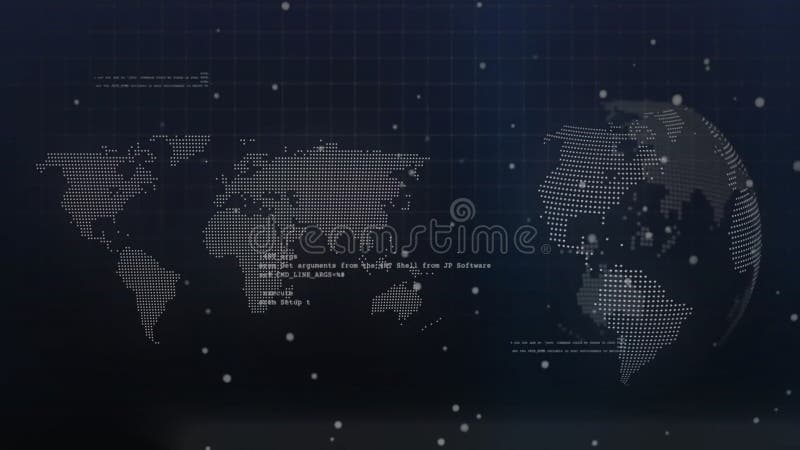 World Map With Data Points And Coding Animation Over Dark Grid 9851