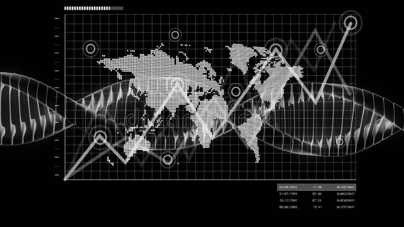 World Map with Data Points and DNA Strand Animation Over Grid ...