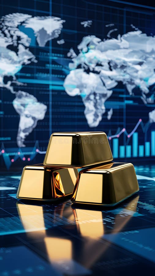 World Map with Data Points, Graphs, and Stacked Reflective Gold Bars ...