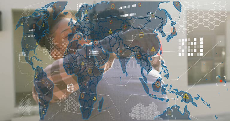 World Map with Data Points and Network Connections Image Over People ...