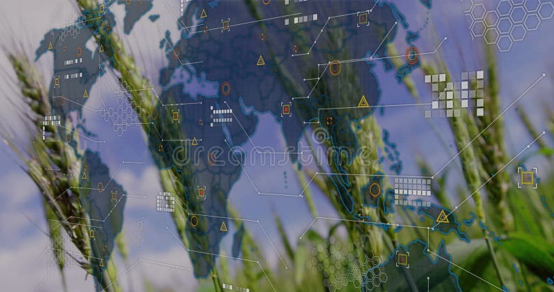 World Map and Data Processing Animation Over Agricultural Field with ...
