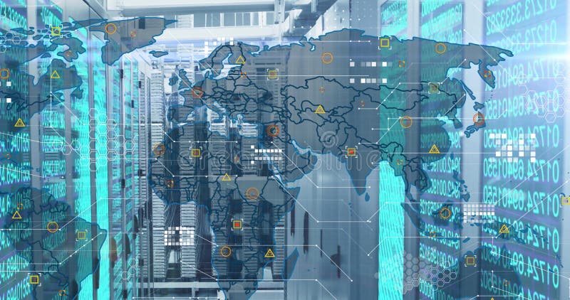 World Map and Data Processing Animation Over Servers in Data Center ...