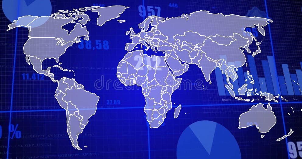 World Map with Data Processing Image Over Blue Background and Pie Chart ...