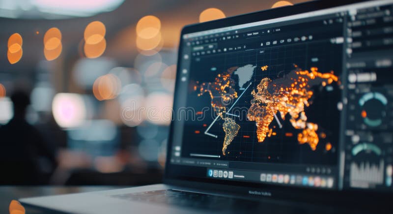 World Map Data Visualization on Laptop Screen in Modern Workspace ...