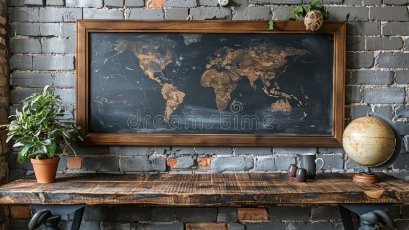 World Map Decor in Rustic Interior Stock Illustration - Illustration of ...