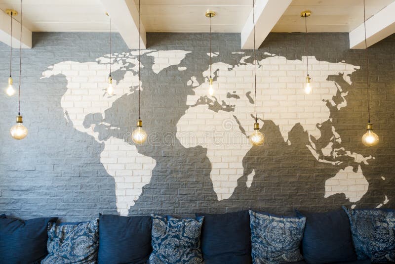 World Map Decoration on Wall with Light Bulbs in Public Space Stock ...