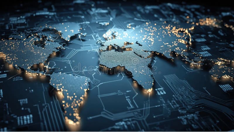 World Map Depicted As a Computer Circuit Board with Glowing Lights ...