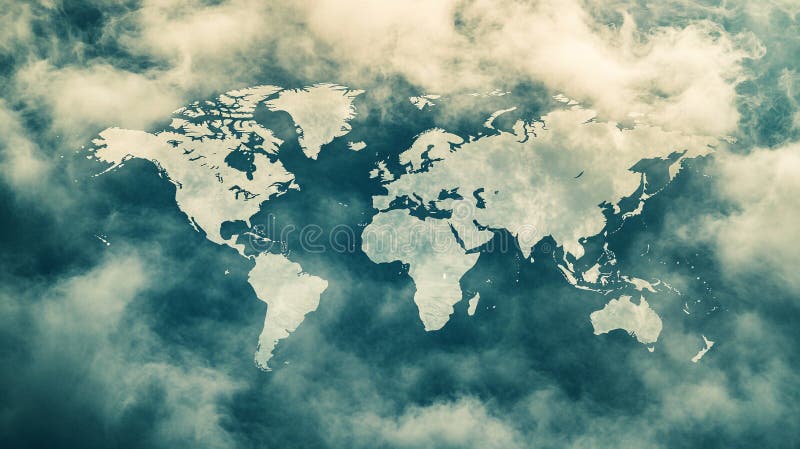 Artistic Representation of the World Map Floating Amidst Clouds in a ...