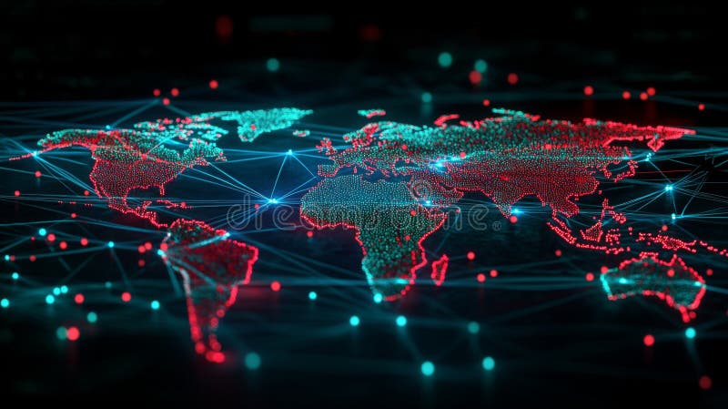 A World Map Depicting Global Connectivity with Red and Blue Nodes and ...