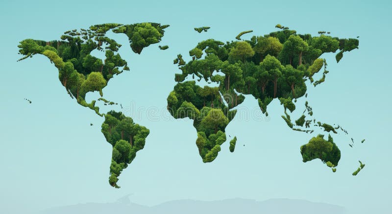 World Map Designed with Dense Green Trees Against a Light Blue Sky ...
