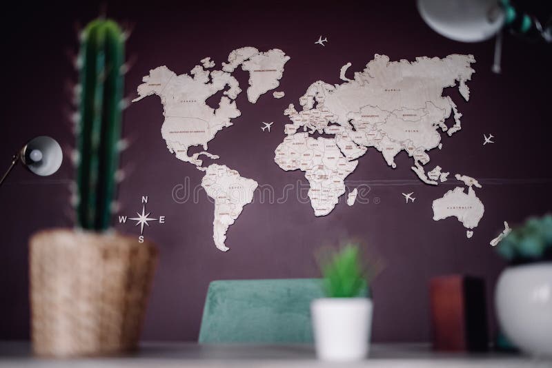 World Map Designed on Wall of Office with Defocused Table Accessory ...