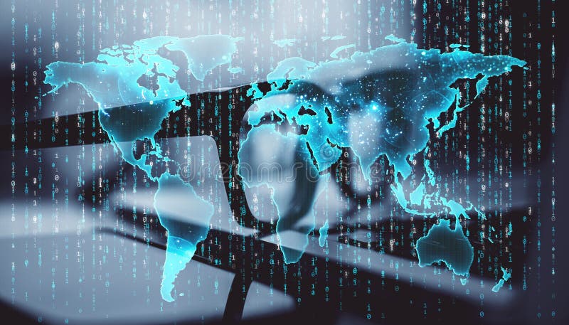World Map with Digital Data Overlay on Blurred Office Background ...