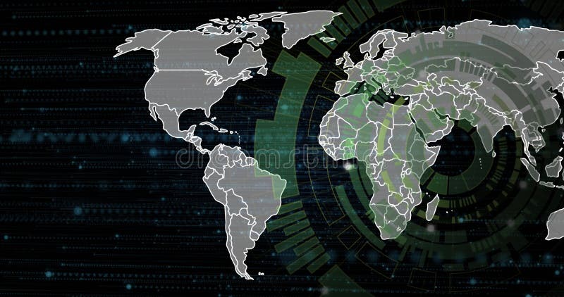 World Map with Digital Data Processing Image Over Green Circular ...