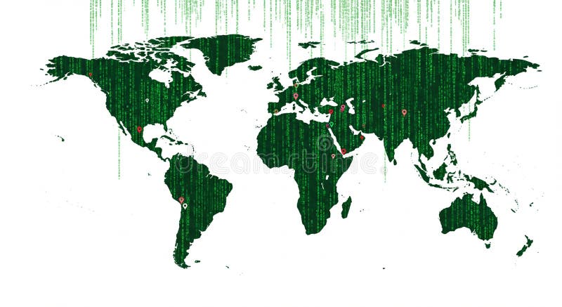 A World Map with a Digital Design, Featuring Green Binary Numbers ...