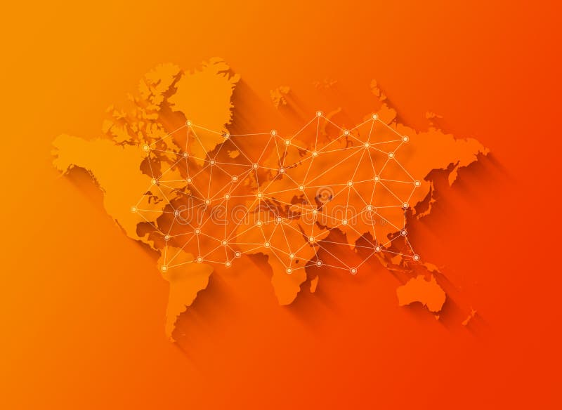 World Map and Digital Network Illustration on Orange Background Stock ...
