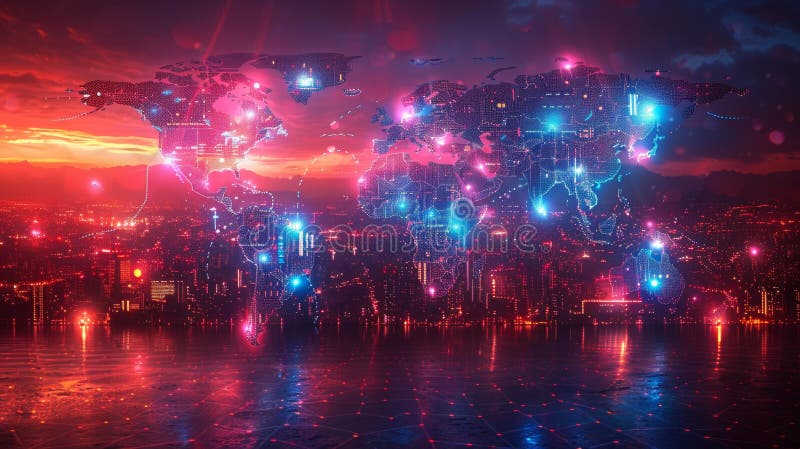 World Map with Digital Overlay - Generative Ai Stock Illustration ...