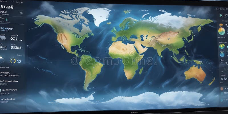 World Map Display on Screen with Weather and Data Information Stock ...
