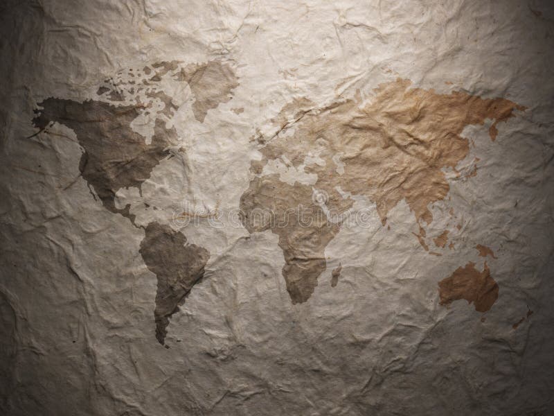 World Map Displayed on the Corrugated Old Paper Stock Photo - Image of ...