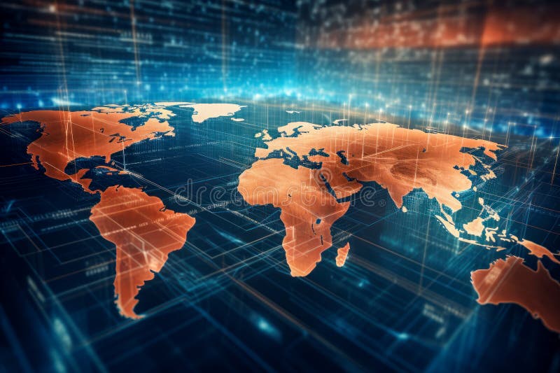 World Map Displayed in a Digital Cyberspace Environment with Blue ...