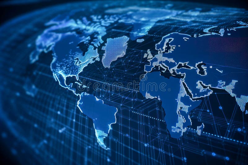 World Map Displayed in a Digital Cyberspace Environment with Blue ...