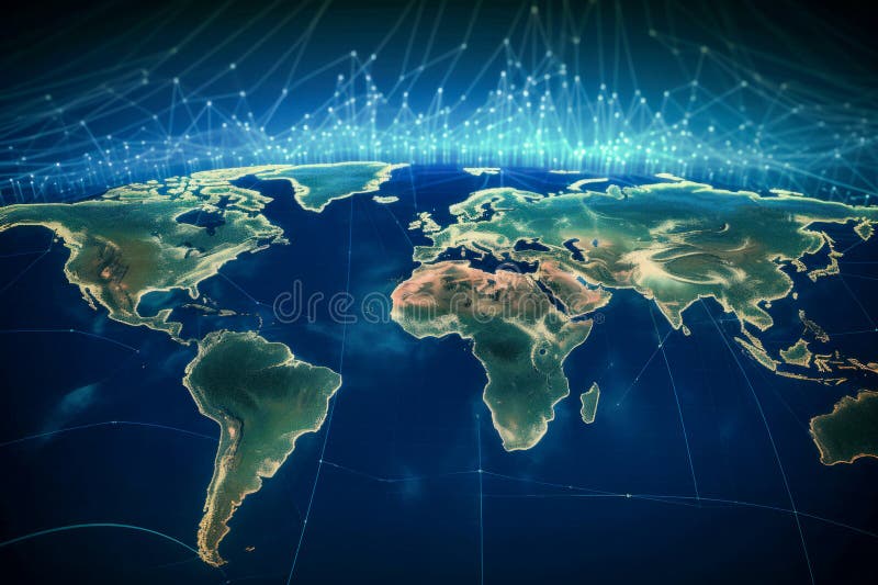 World Map Displayed in a Digital Cyberspace Environment with Blue ...