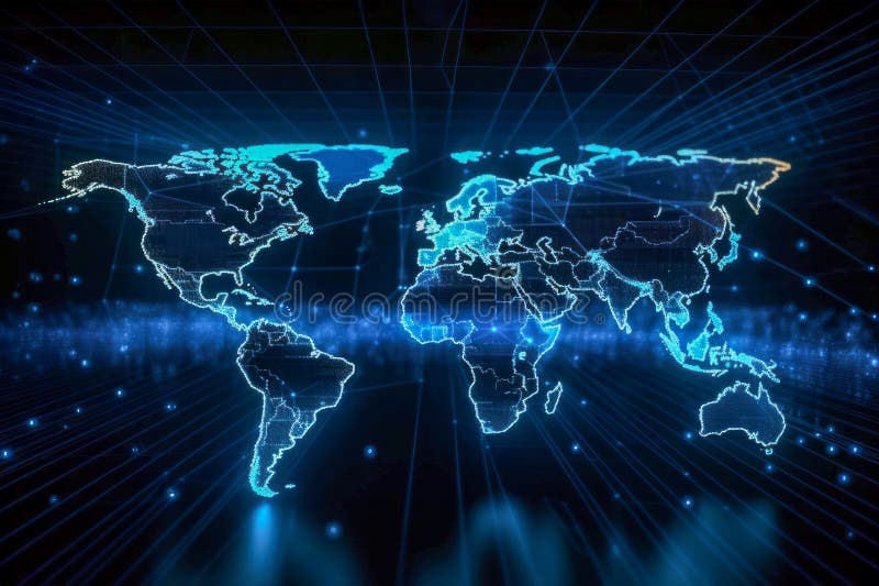 World Map Displayed in a Digital Cyberspace Environment with Blue ...