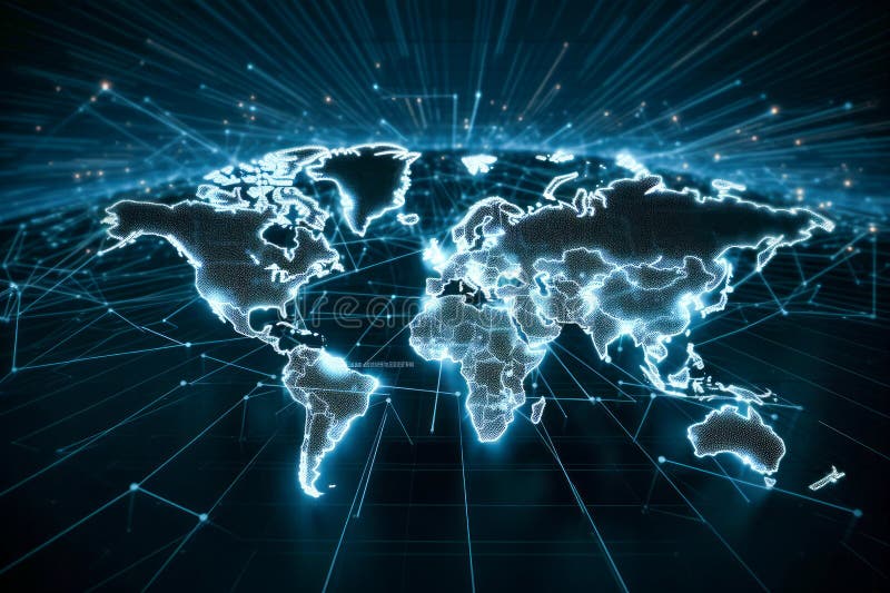 World Map Displayed in a Digital Cyberspace Environment with Blue ...
