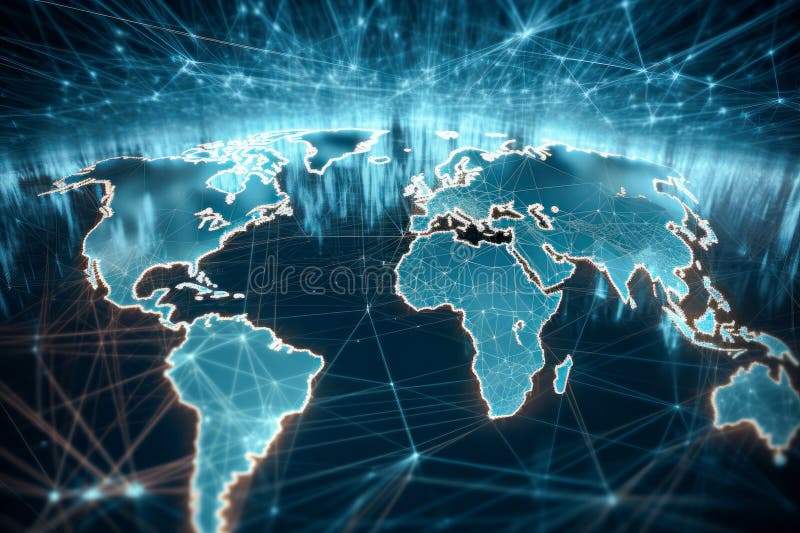 World Map Displayed in a Digital Cyberspace Environment with Blue ...