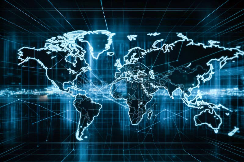 World Map Displayed in a Digital Cyberspace Environment with Blue ...