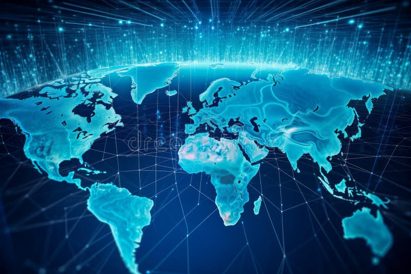 World Map Displayed in a Digital Cyberspace Environment with Blue ...