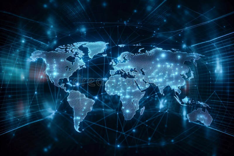 World Map Displayed in a Digital Cyberspace Environment with Blue ...