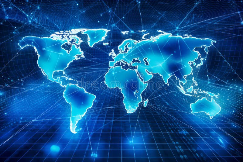 World Map Displayed in a Digital Cyberspace Environment with Blue ...