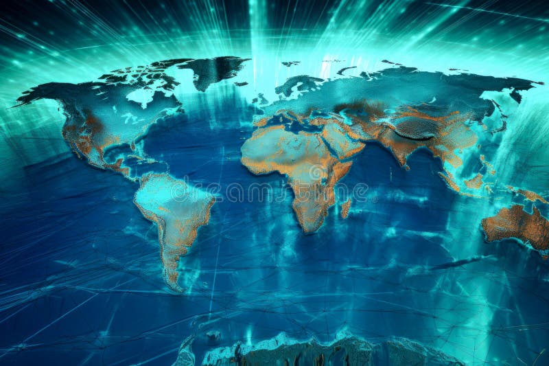 World Map Displayed in a Digital Cyberspace Environment with Blue ...