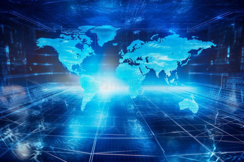 World Map Displayed in a Digital Cyberspace Environment with Blue ...