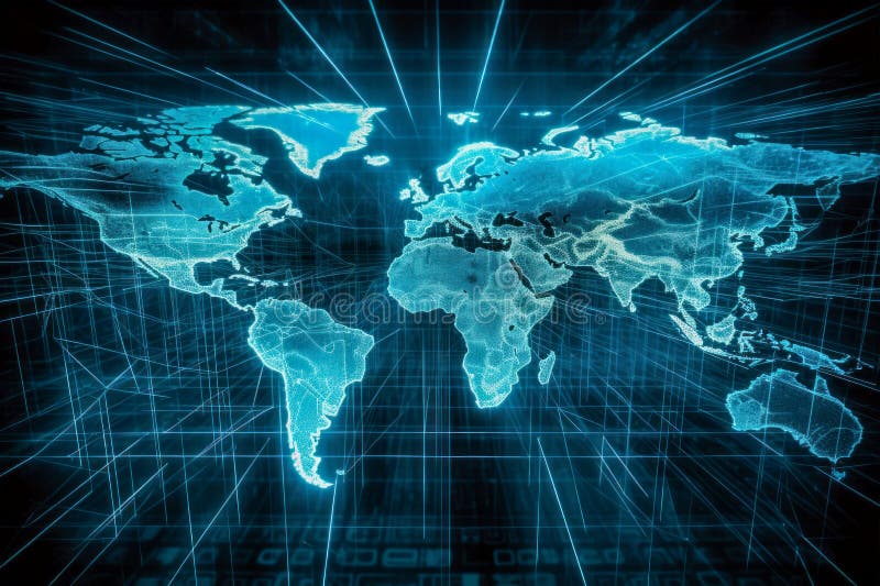 World Map Displayed in a Digital Cyberspace Environment with Blue ...