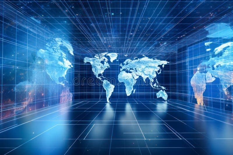 World Map Displayed in a Digital Cyberspace Environment with Blue ...