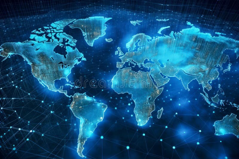 World Map Displayed in a Digital Cyberspace Environment with Blue ...