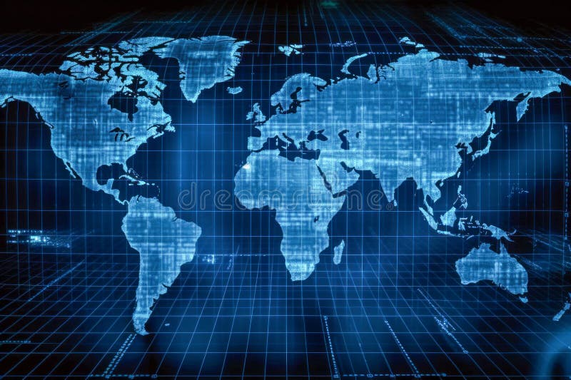 World Map Displayed in a Digital Cyberspace Environment with Blue ...