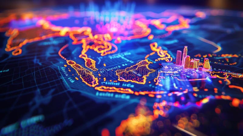 A World Map is Displayed with Vibrant Lights of Various Colors ...