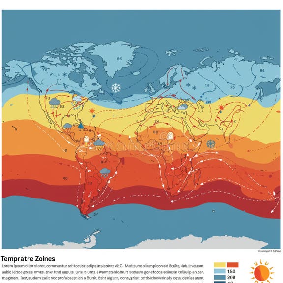 World Map Displaying Temperature Zones Using a Gradient from Blue (cold ...