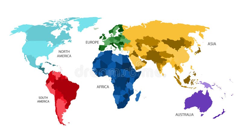 World Map Divided into Six Continents in Different Color. Stock Vector ...