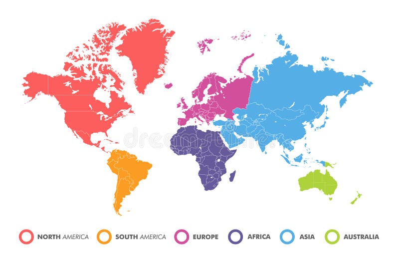 World Map Divided into Six Continents in Different Color. Stock Vector ...