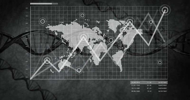 World Map with DNA Strands and Financial Data Processing Animation ...