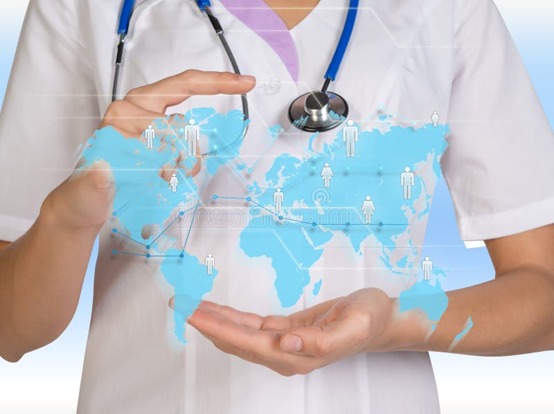 World Map. the Doctor Presses a Computer Interface Stock Image - Image ...