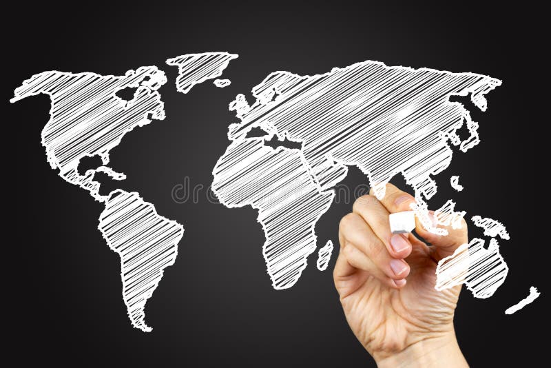 World Map. Doodle Drawing on a Blackboard, Written with White Chalk ...