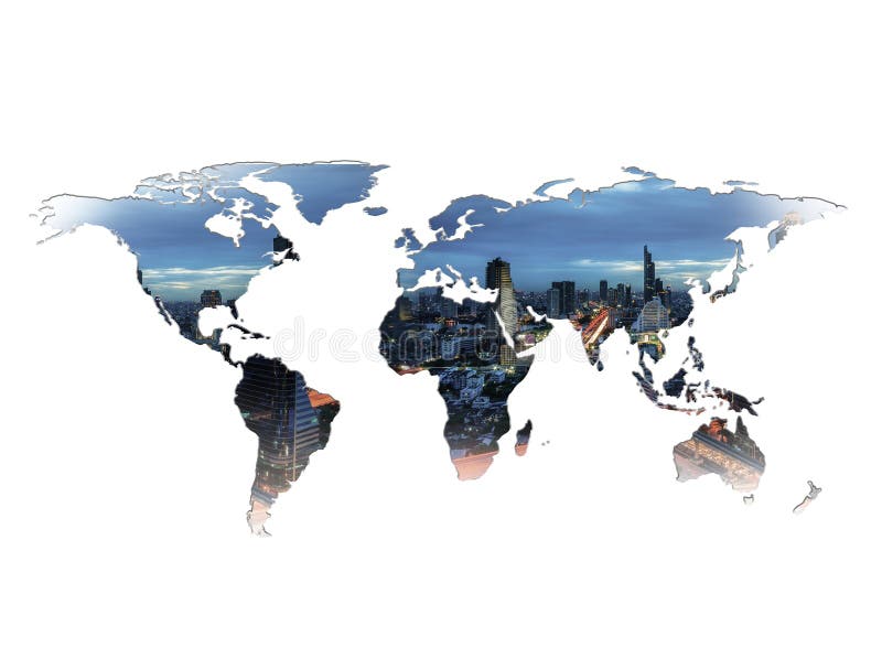 World Map Double Exposure Concept Stock Image - Image of building ...