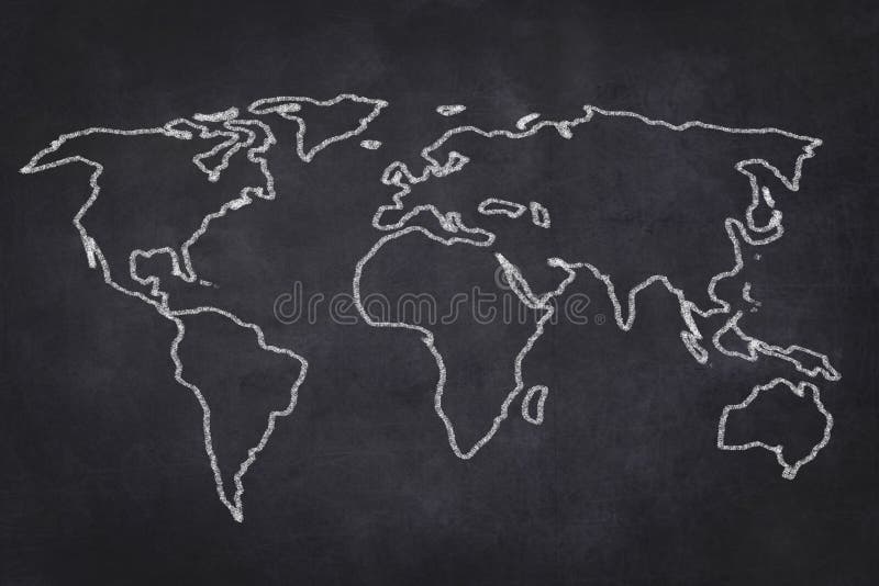 World Map Drawing on Black Chalkboard Stock Illustration - Illustration ...