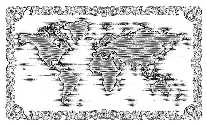 World Map Drawing Old Woodcut Engraved Style Stock Vector ...