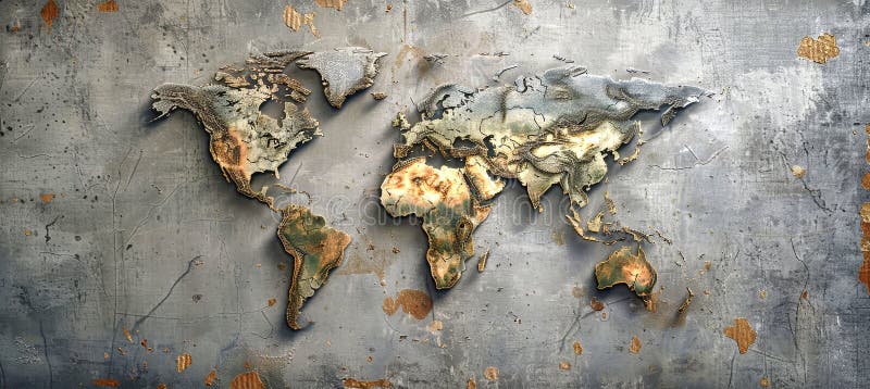 A World Map Embossed on a Concrete Surface, Showing the Continents in ...