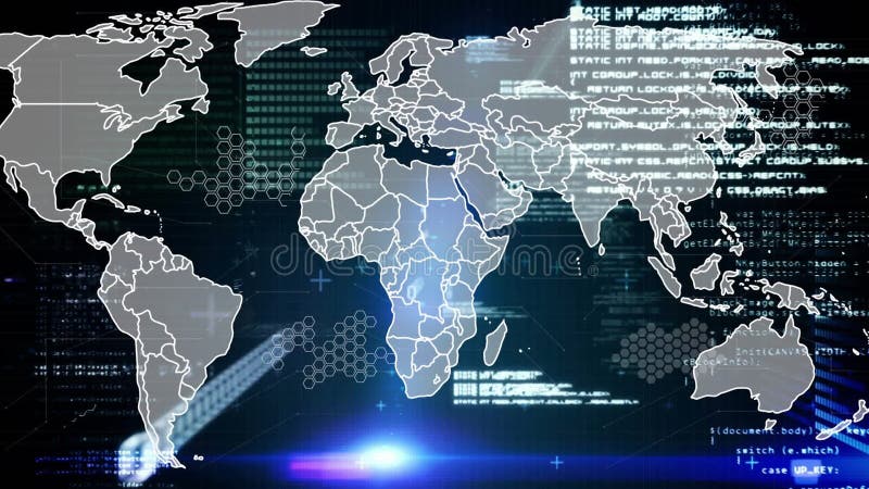 World Map Emerging with Code and Hex Patterns Sliding, White Beam Scanning Africa Visualizing ...